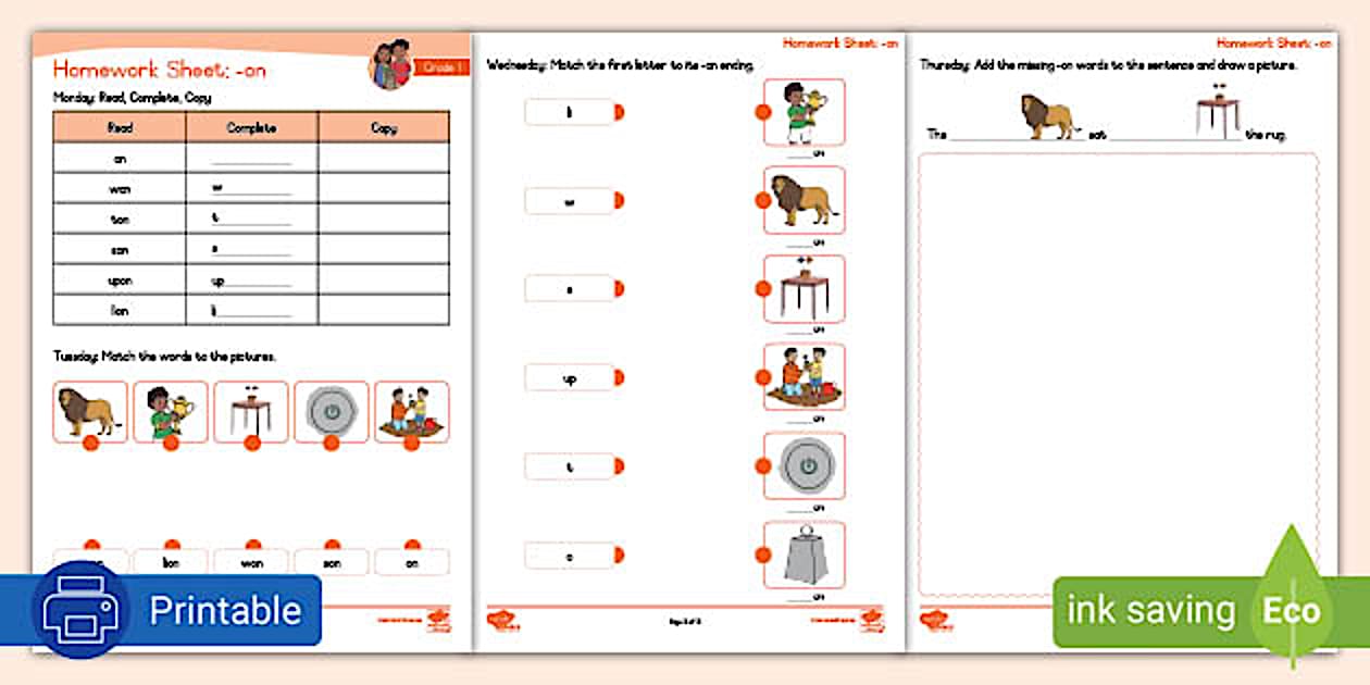 Grade 1 Phonics: -on Homework Sheet