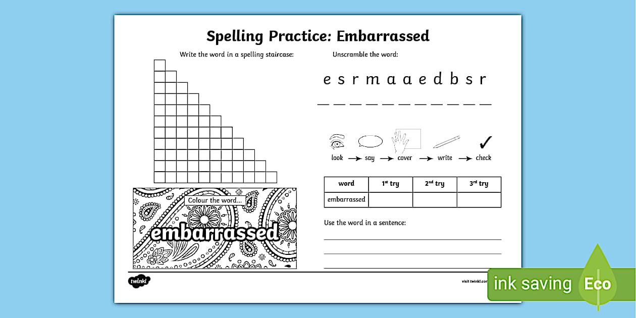 Embarrassed Spelling Practice Worksheet (Teacher-Made)