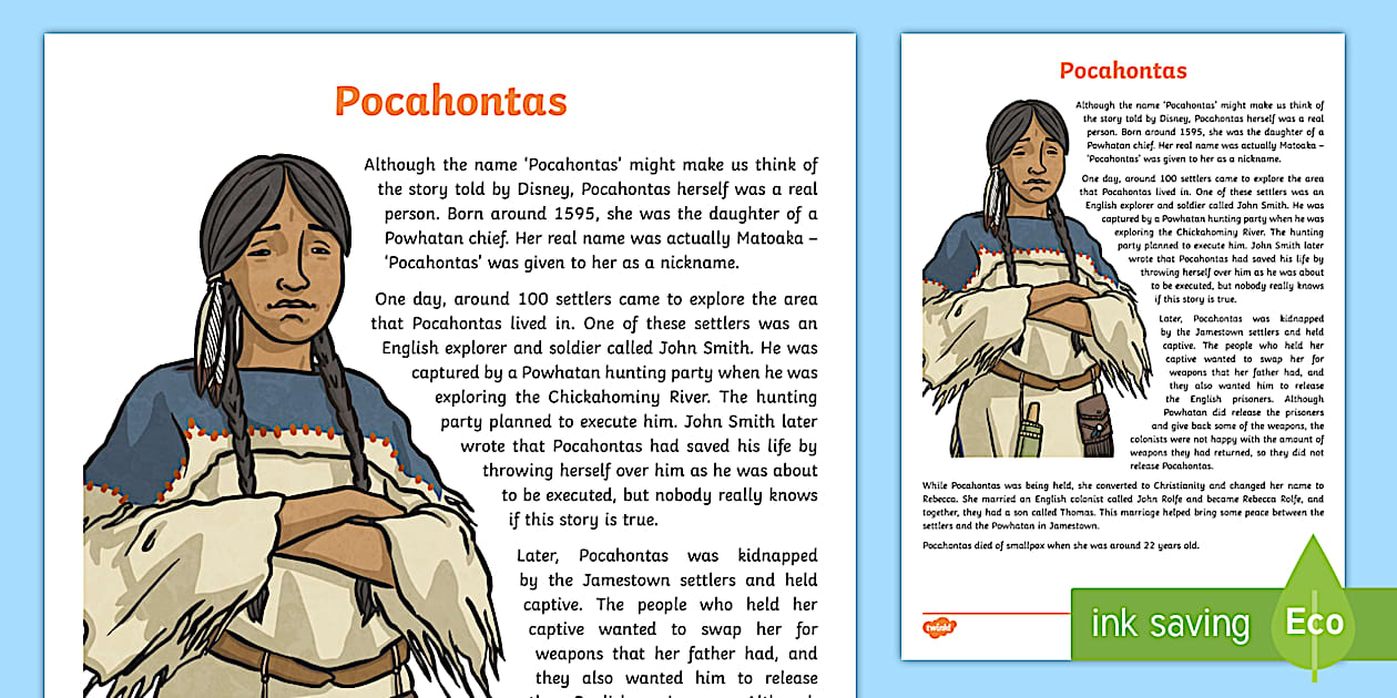Native Americans Pocahontas Information Sheet - Twinkl