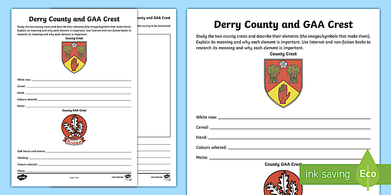 Derry County and GAA Crest Worksheet / Worksheet - Twinkl