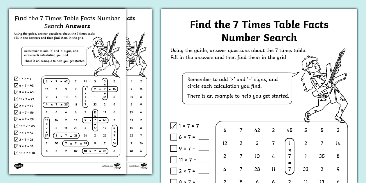 Find the 7 Times Table Facts Number Search Activity Sheet