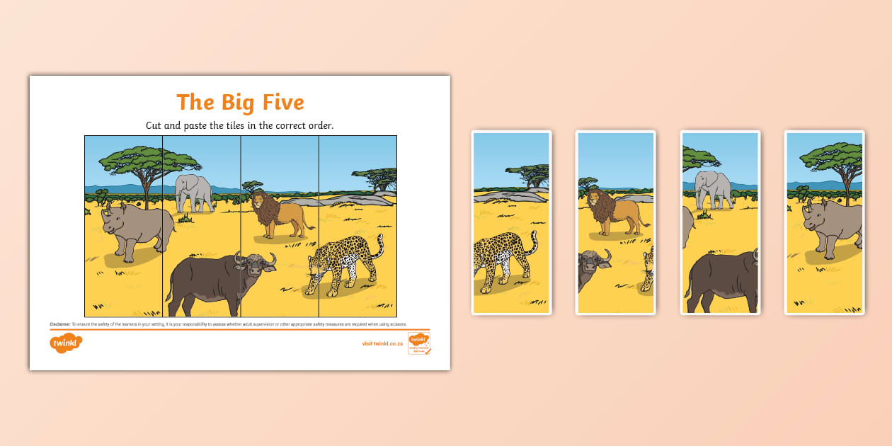 Grade R Wild Animals - Worksheet: The Big Five Puzzle Strips