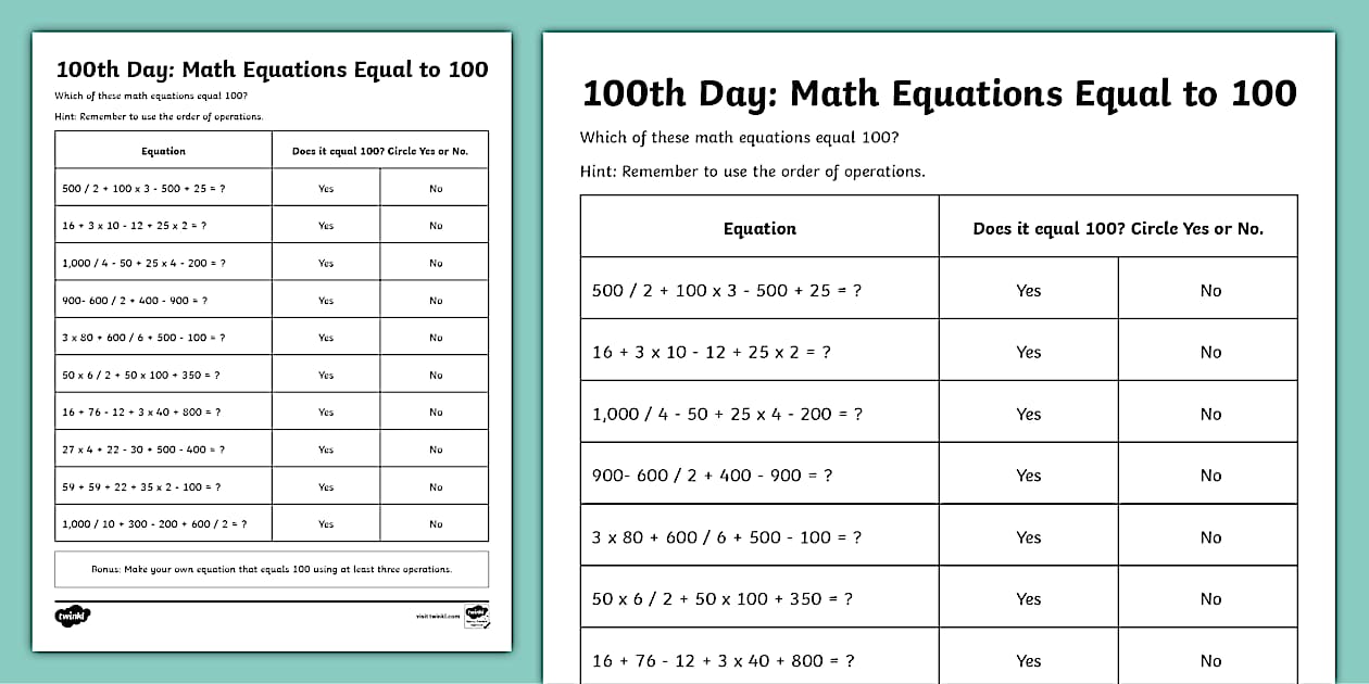 100th Day: Math Equations Equal to 100 Worksheet for 3rd-5th Grade