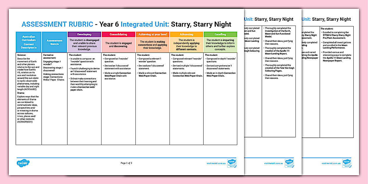 STEM IU Yr 6 Starry Starry Night Assessment Rubric - Twinkl