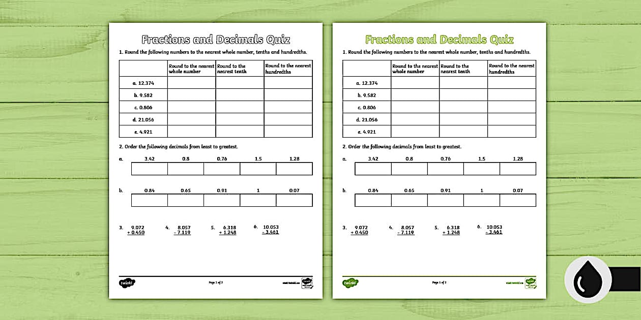 Grade 6 Fractions and Decimals Assessment - Twinkl