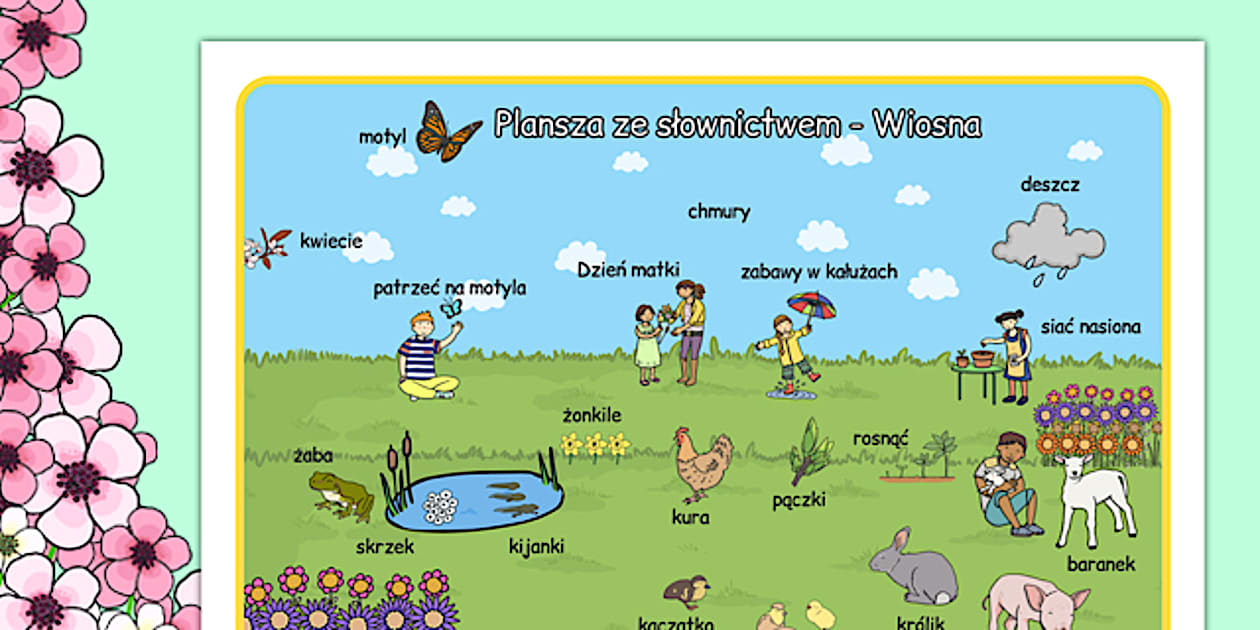 Plansza ze słownictwem Wiosna po polsku - pory roku