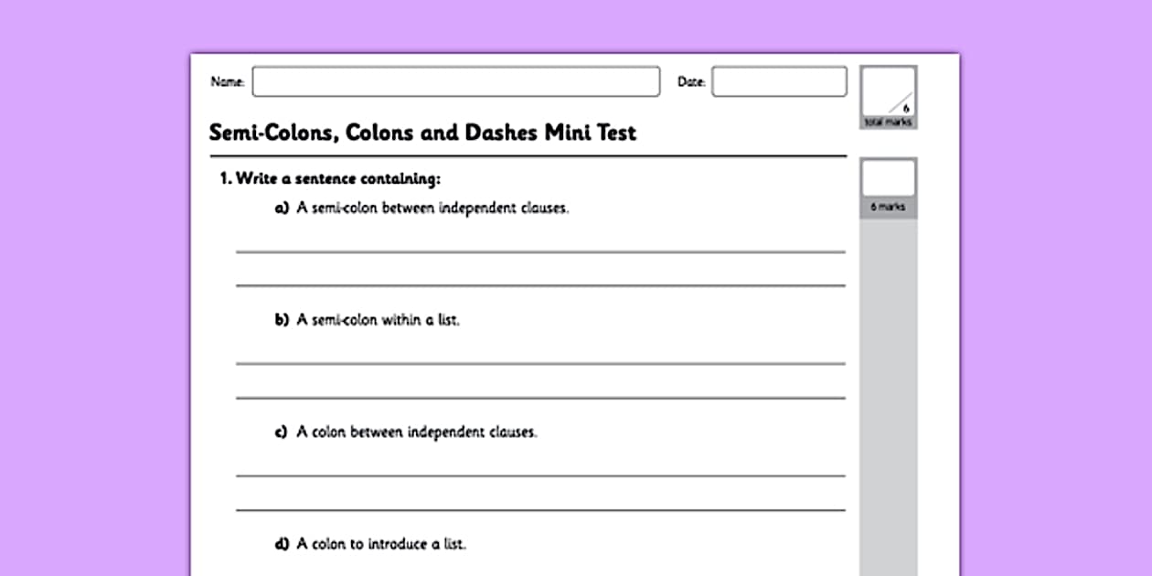 Semi-Colons, Colons and Dashes Mini Test Worksheet / Worksheet