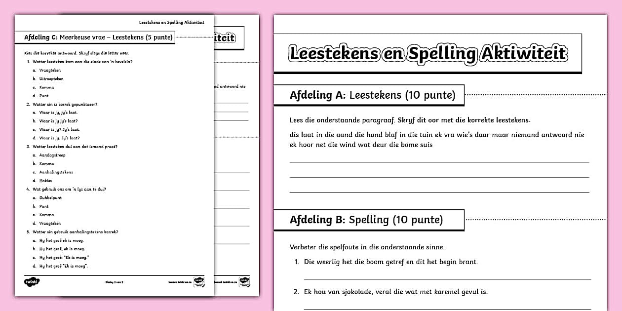 Leestekens en Spelling Aktiwiteit (professor feito) - Twinkl