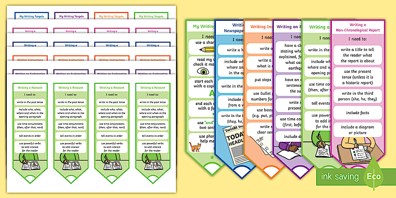 Editable First Level Writing Genre Target Bookmarks Resource Pack