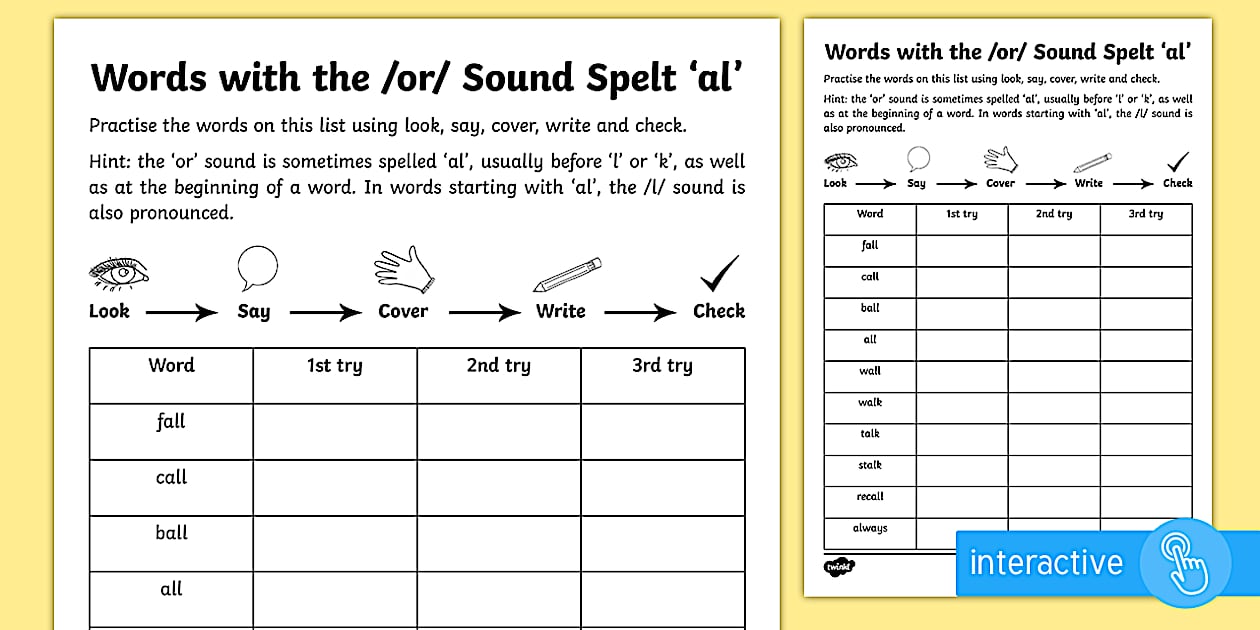 Year 2 Spelling Practice /or/ Sound Spelt 'al' Worksheet