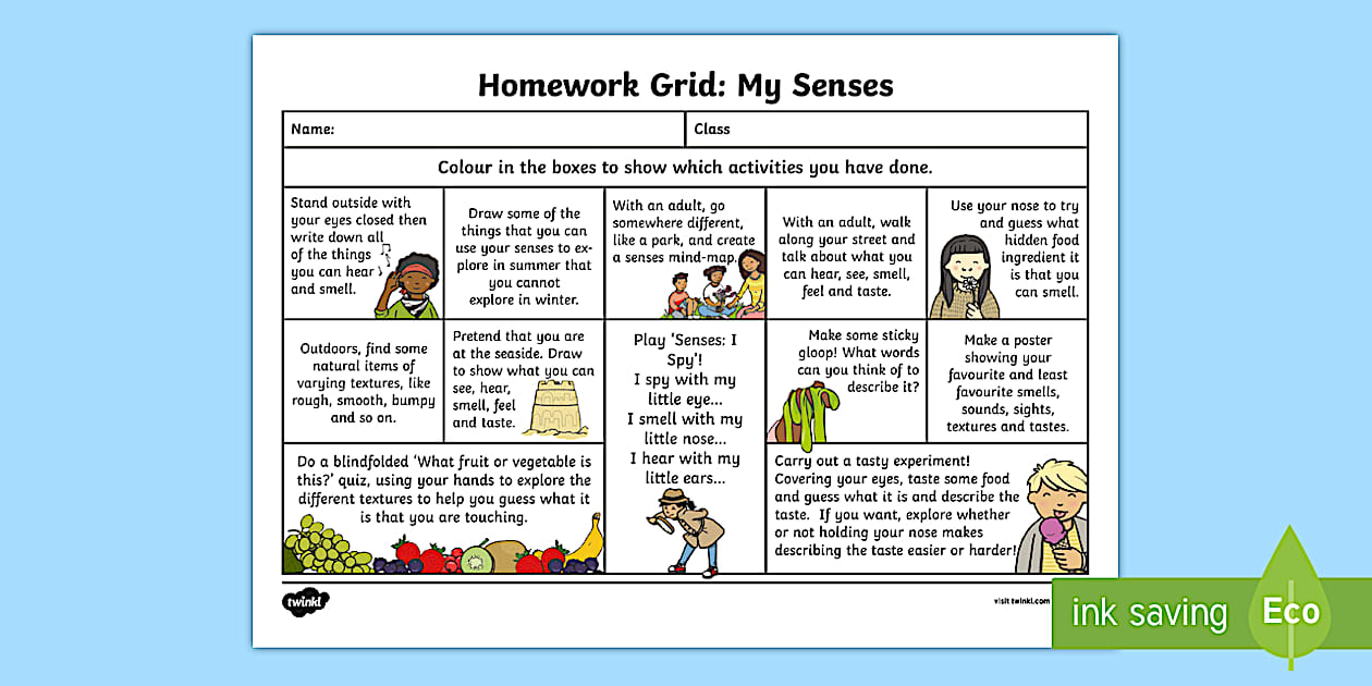My Senses Themed CfE Homework Grid (teacher made) - Twinkl