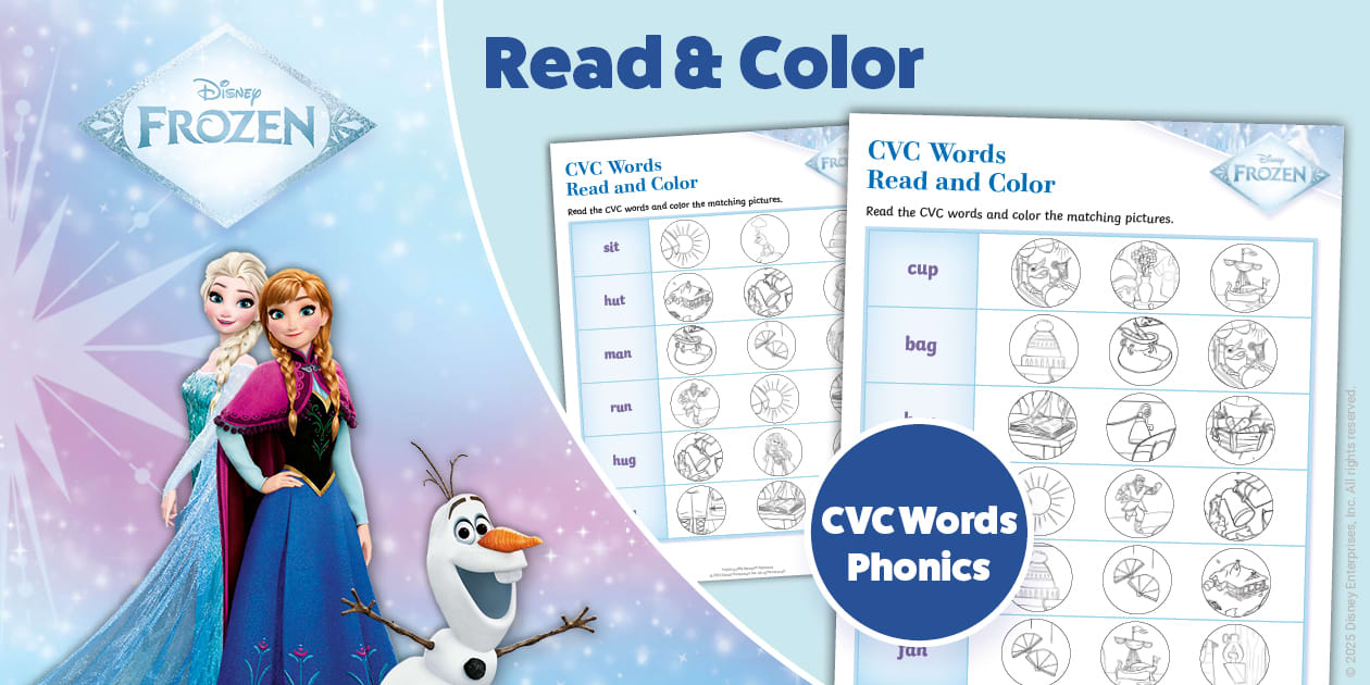 Frozen: CVC Words Read and Color Worksheet
