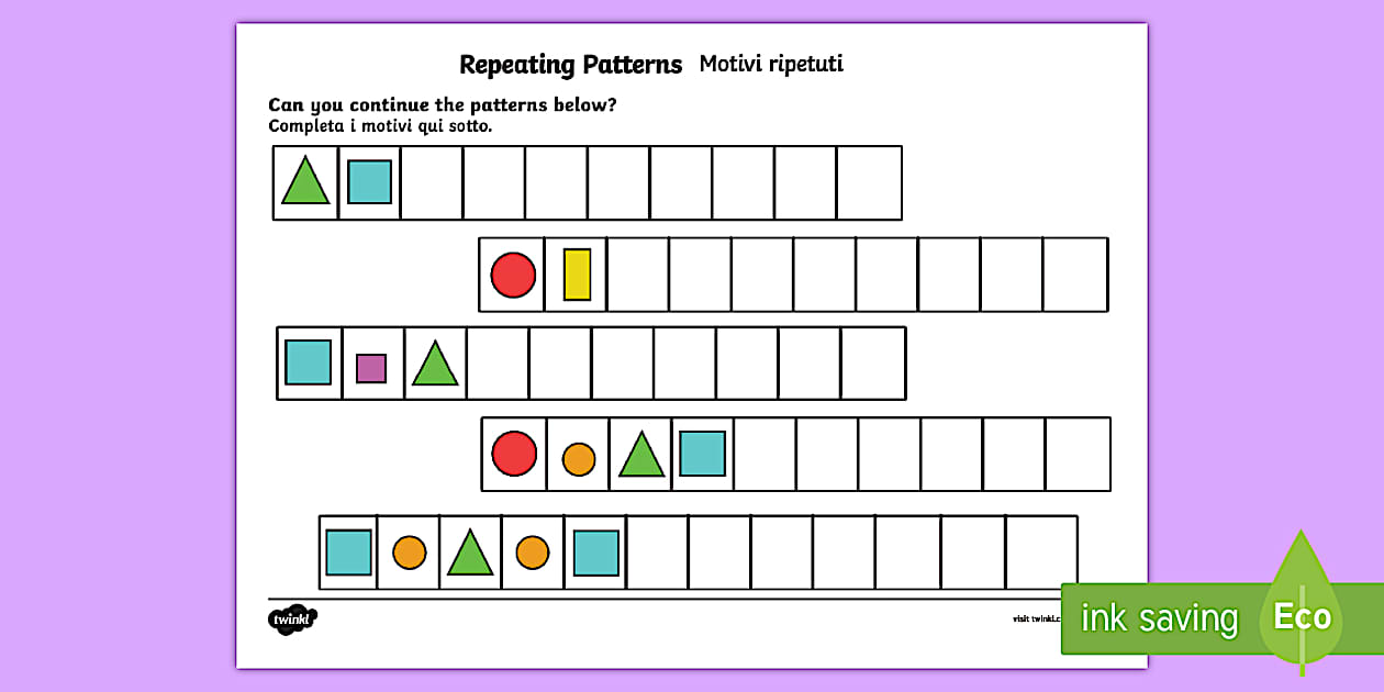Repeating Pattern Worksheet / Worksheets (Shapes and Colours) English ...