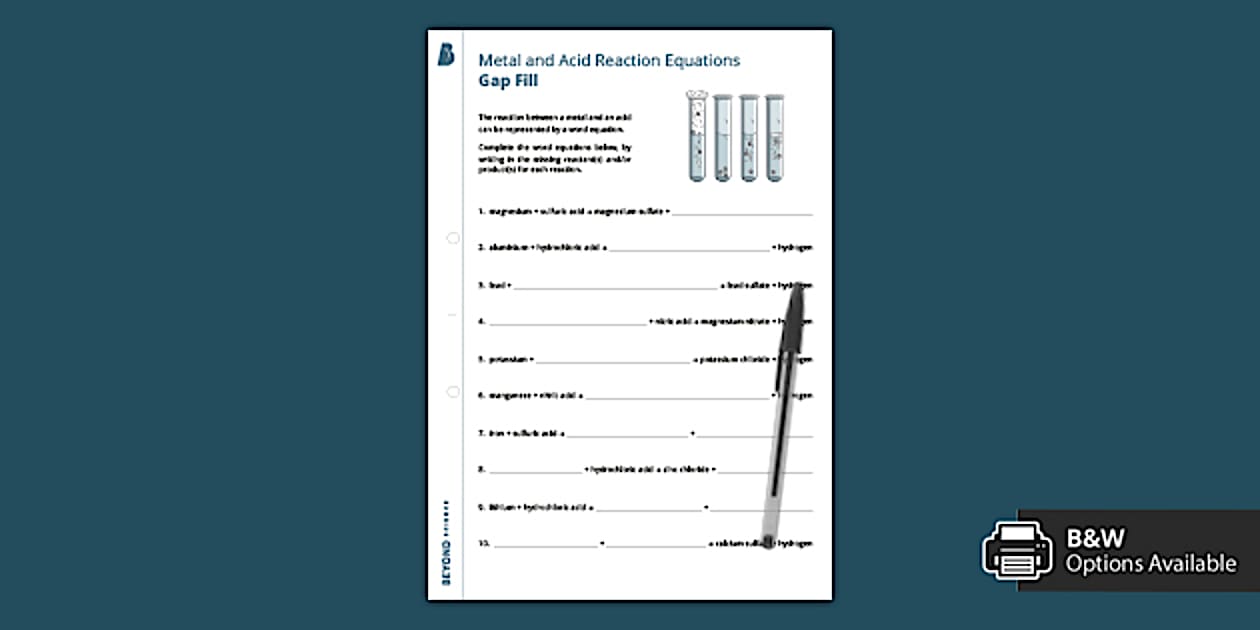 KS3 Metal and Acid Reactions Equations Gap Fill - Twinkl