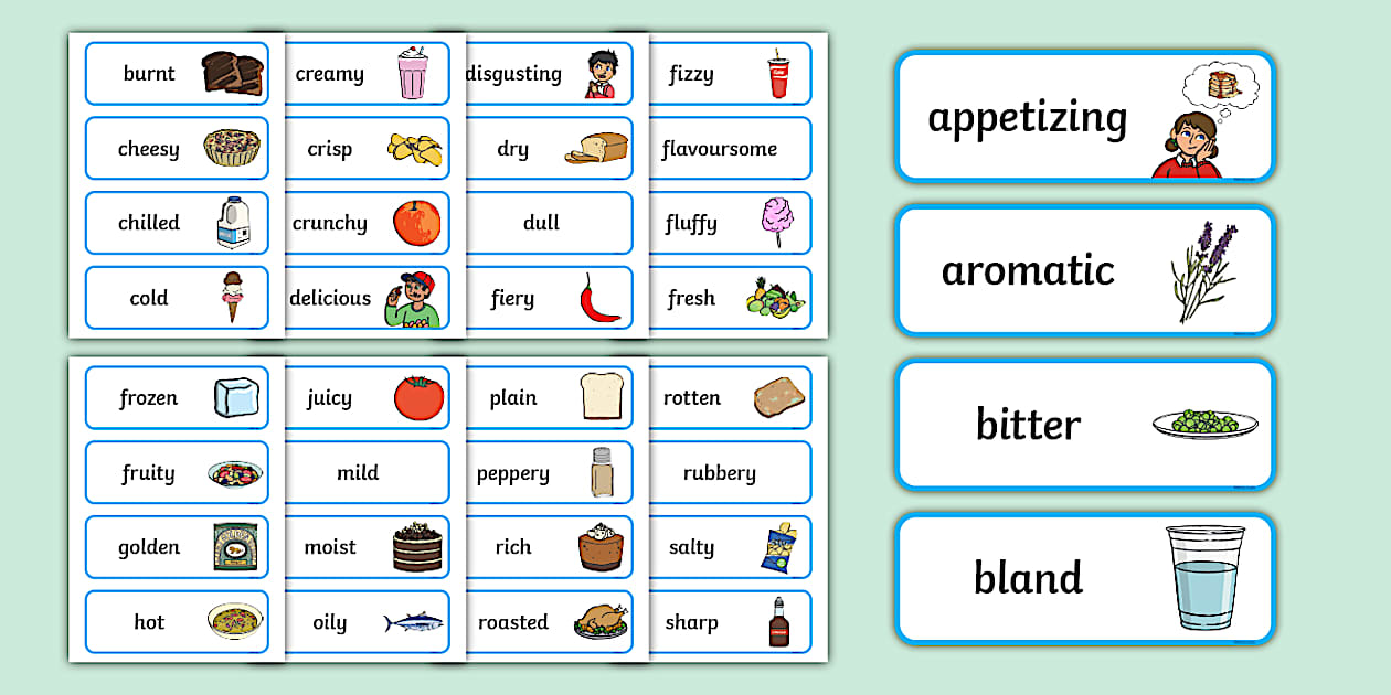 Food Adjectives Word Cards with Pictures - ESL Food Adjectives
