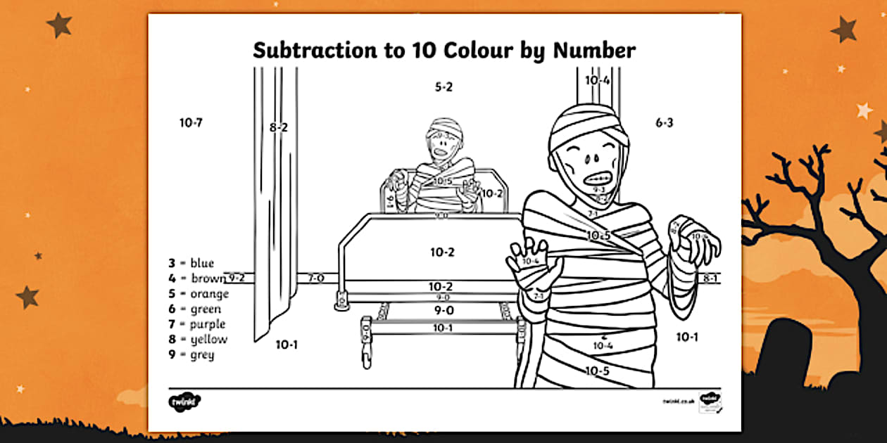 Halloween Themed Subtraction to 10 Colour by Number - Twinkl