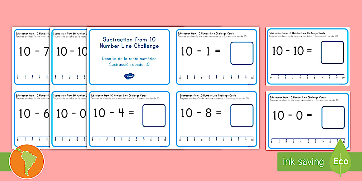 Subtraction from 10 Number Line Challenge Cards US English/Spanish (Latin)