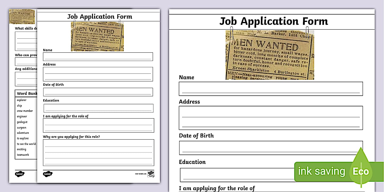 Explorer Job Application Form Second Level - Twinkl