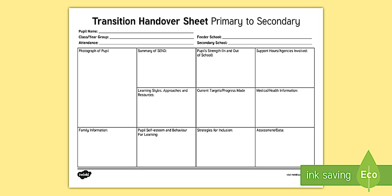 Editable SEN Transition Handover Sheet Primary to Secondary