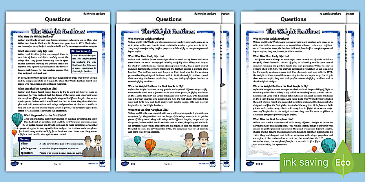 LKS2 The Wright Brothers Differentiated Reading Comprehension
