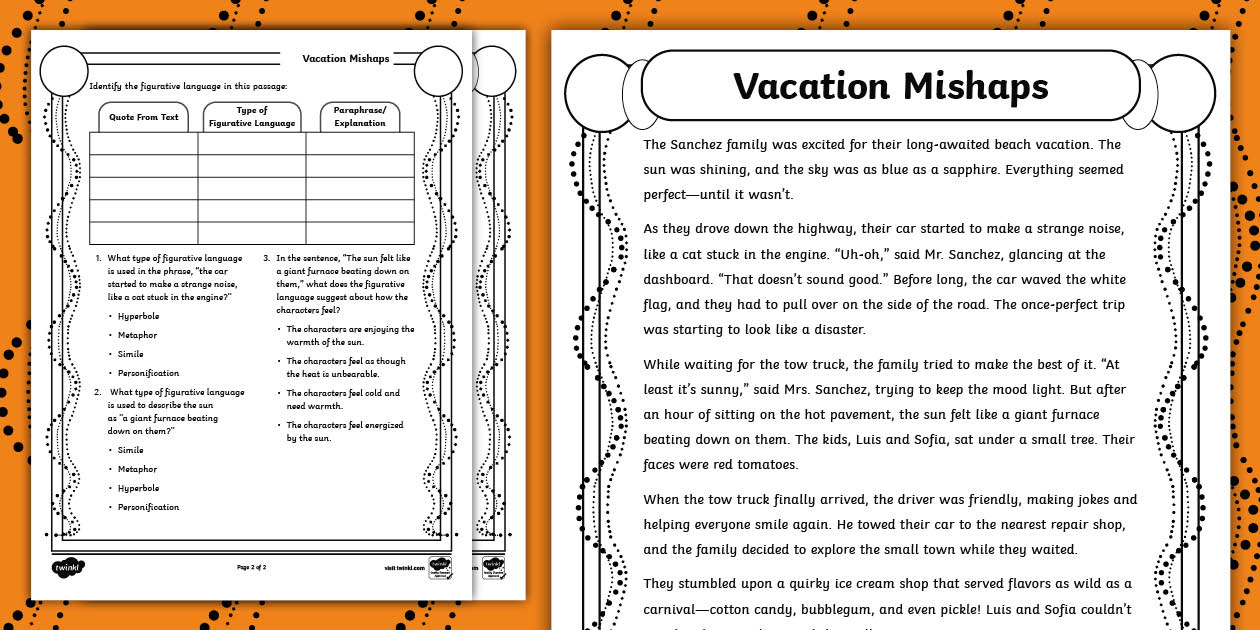 Seventh Gr Figurative Lang Close Read Vacation Short Story
