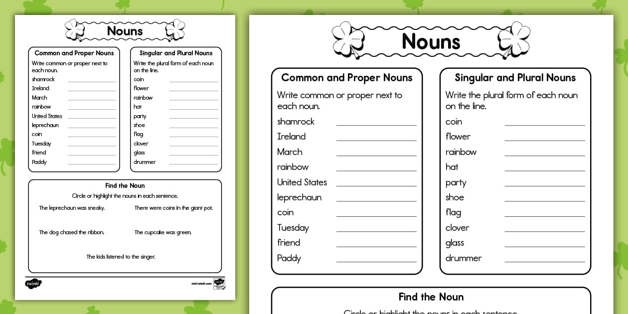 First Grade St. Patrick's Day Nouns Worksheet - Twinkl