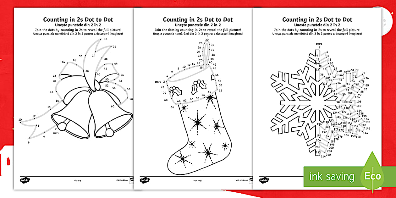 Christmas Counting in 2s Dot to Dot Colouring Pages English/Romanian