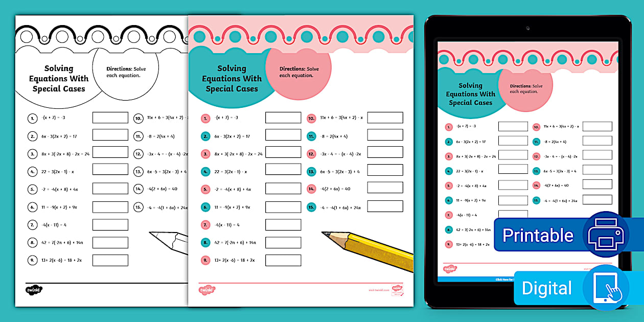 Eighth Grade Solving Equations With Special Cases Worksheet