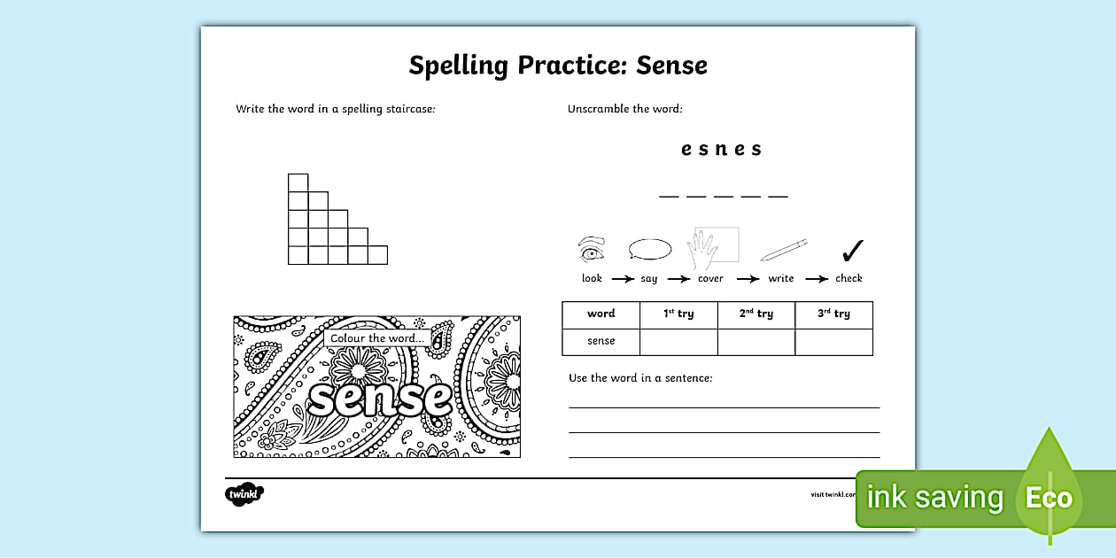 Sense Spelling Practice Worksheet (Teacher-Made) - Twinkl
