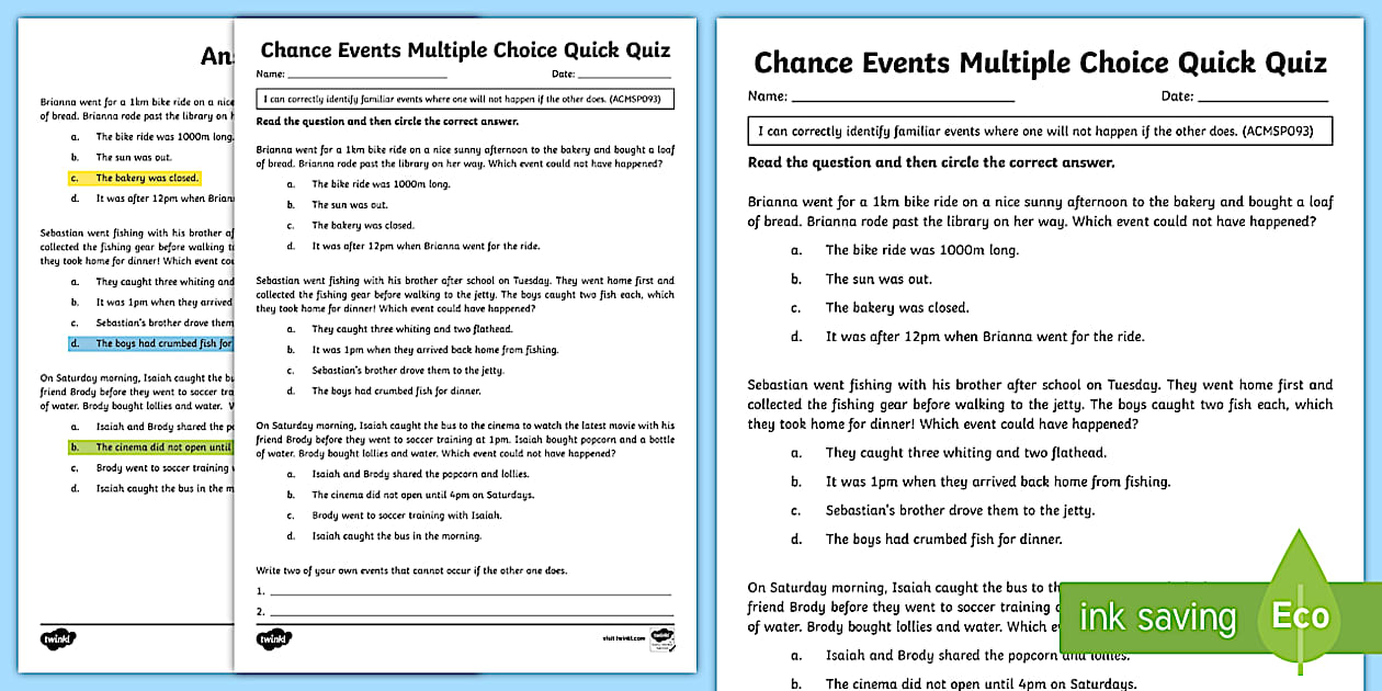 SA Chance Events Multiple Choice Quick Quiz Worksheet