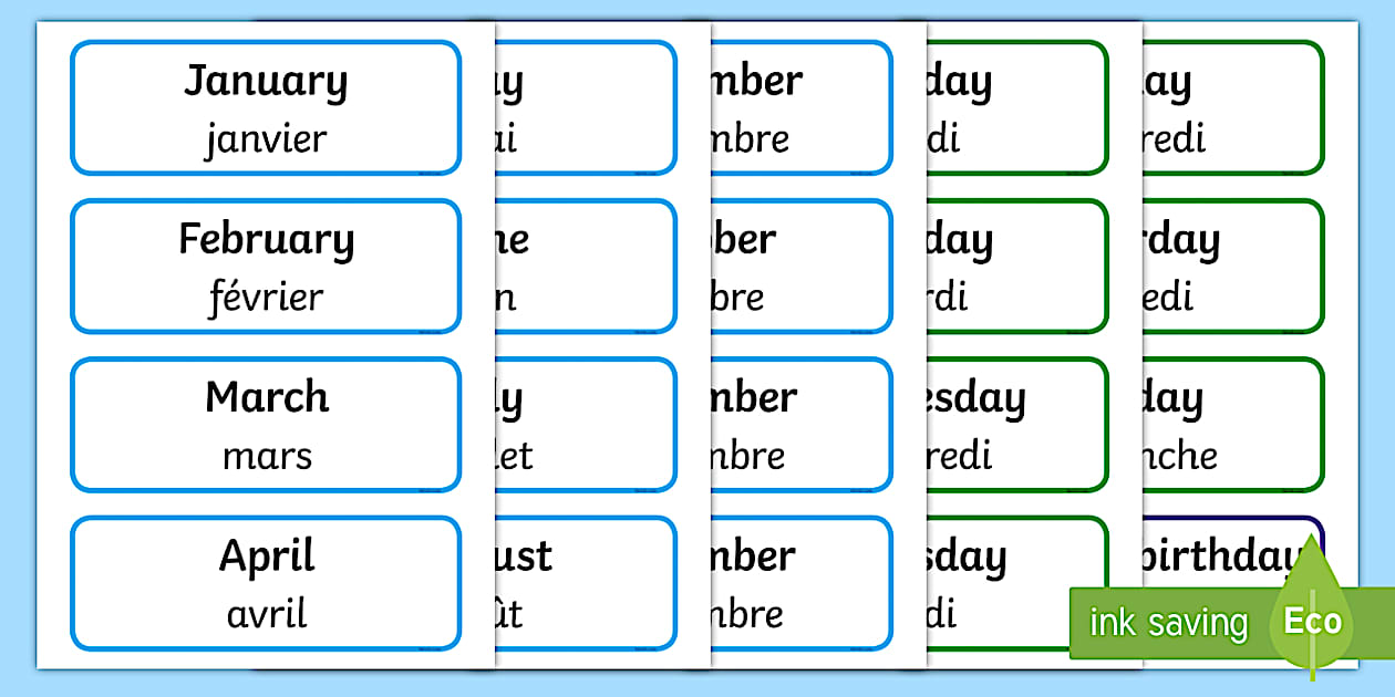 Days of the Week, Months of the Year Labels English / French