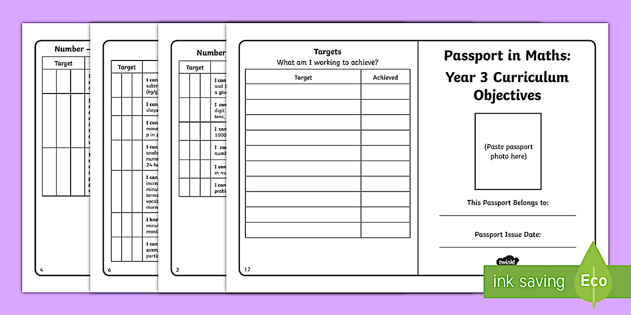 Passport in Maths: Year 3 Curriculum Checklist - Twinkl