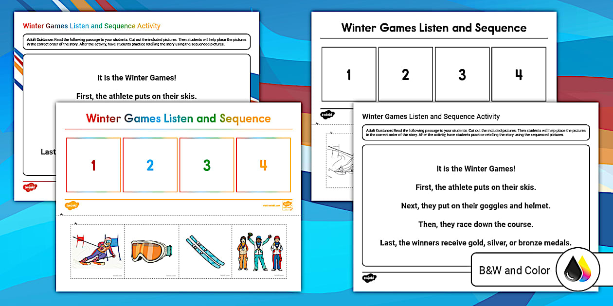 Early Childhood Winter Games Listen and Sequence Cut and Paste Worksheet