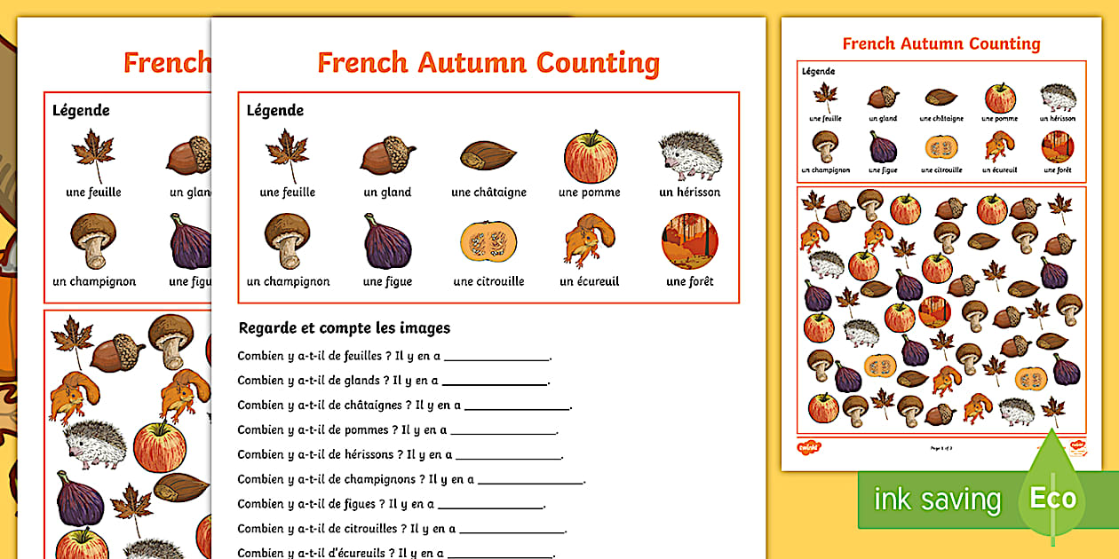 Black and White French Autumn Counting Worksheet - Twinkl