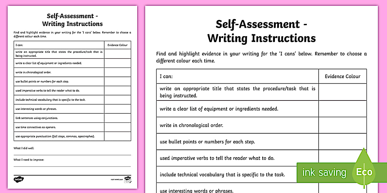 Writing Instructions Self Assessment Checklist | Twinkl