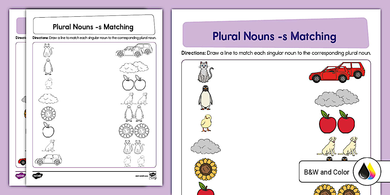 Kindergarten Plural Nouns -s Matching Worksheet - Twinkl