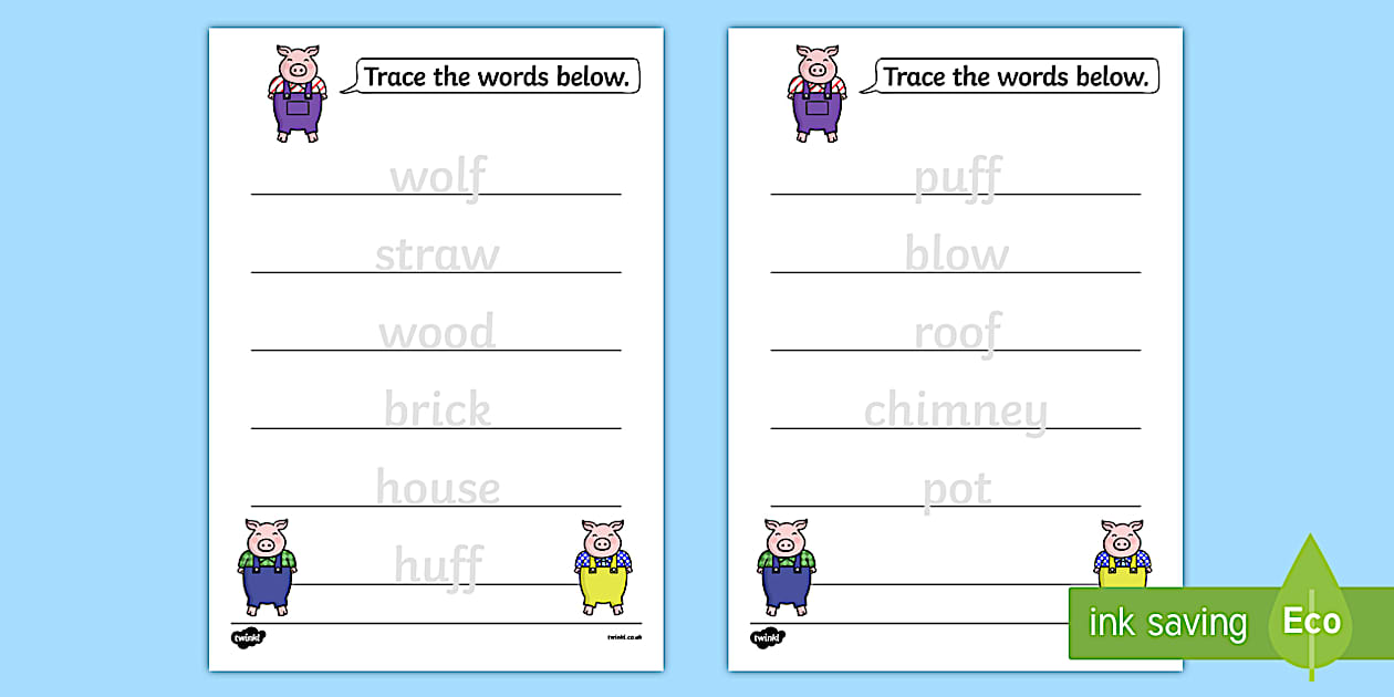 Dyslexic The 3 Little Pigs Trace the Words Worksheet