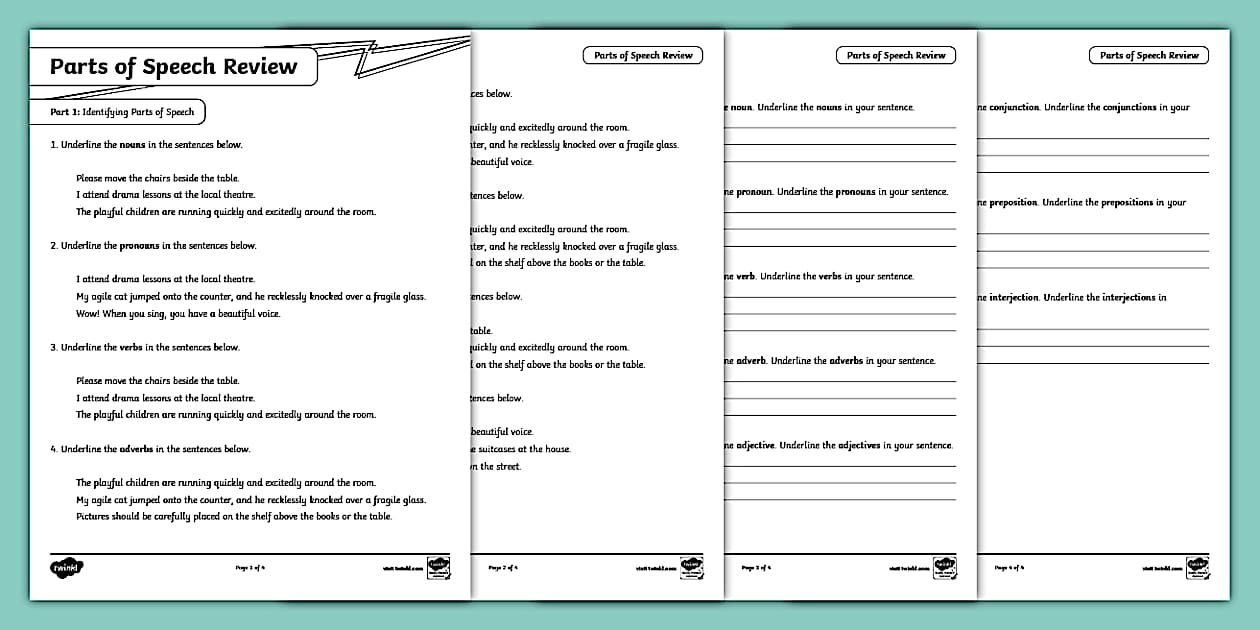 Sixth Grade Parts of Speech Review Worksheet - Twinkl