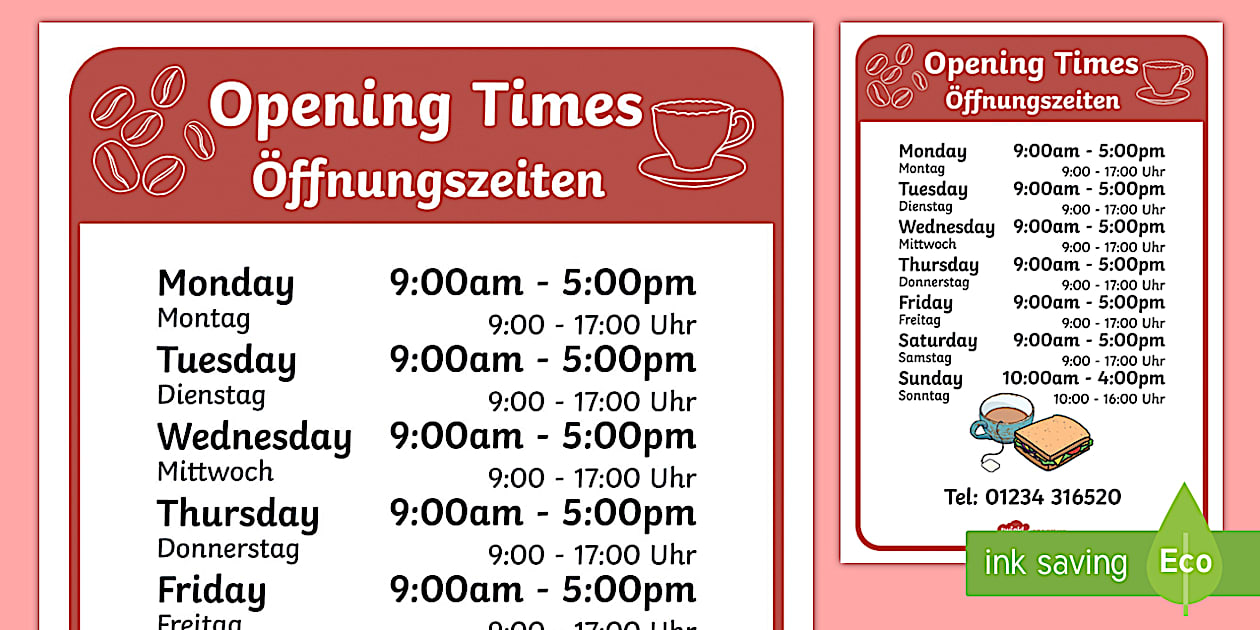 Cafe Opening Times Role Play Signs English/German - Twinkl