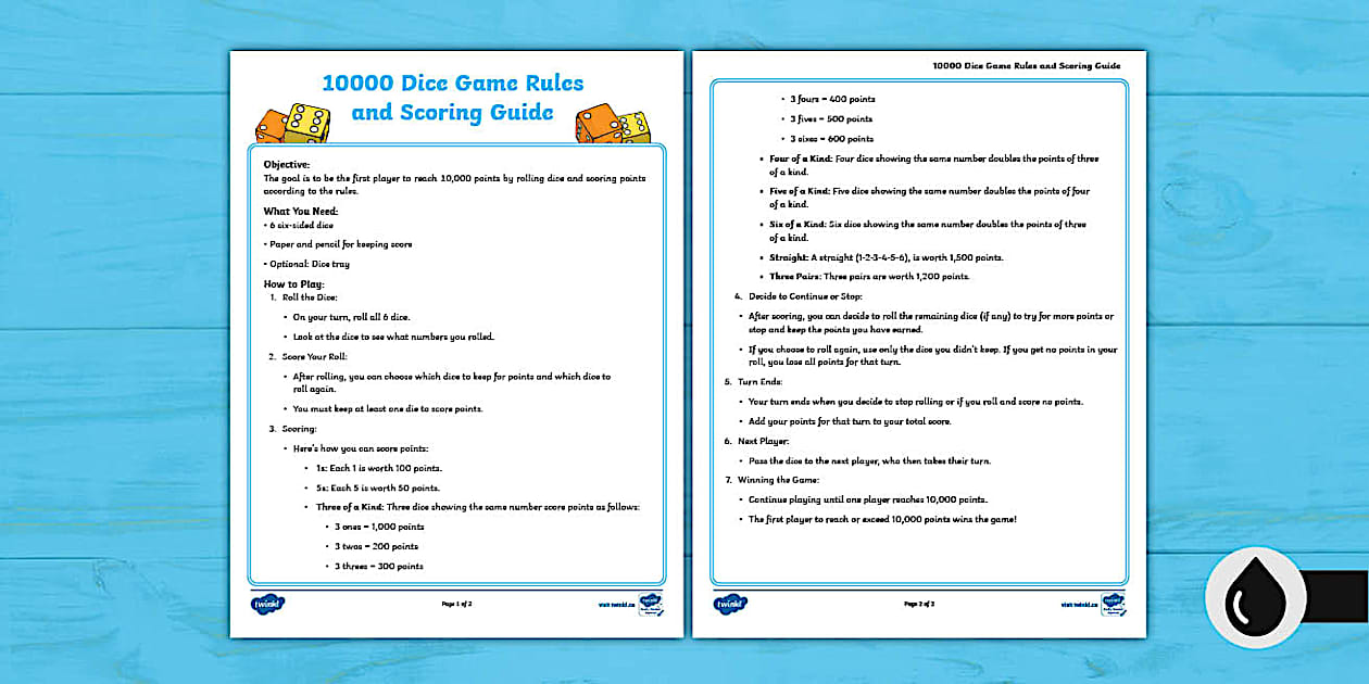 10000 Dice Game Rules and Scoring Guide Printable - Twinkl