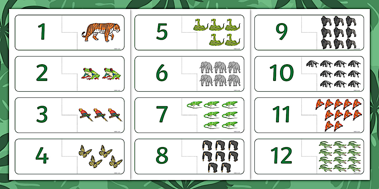 Jungle-Themed 1 to 12 Counting Matching Puzzle - Twinkl