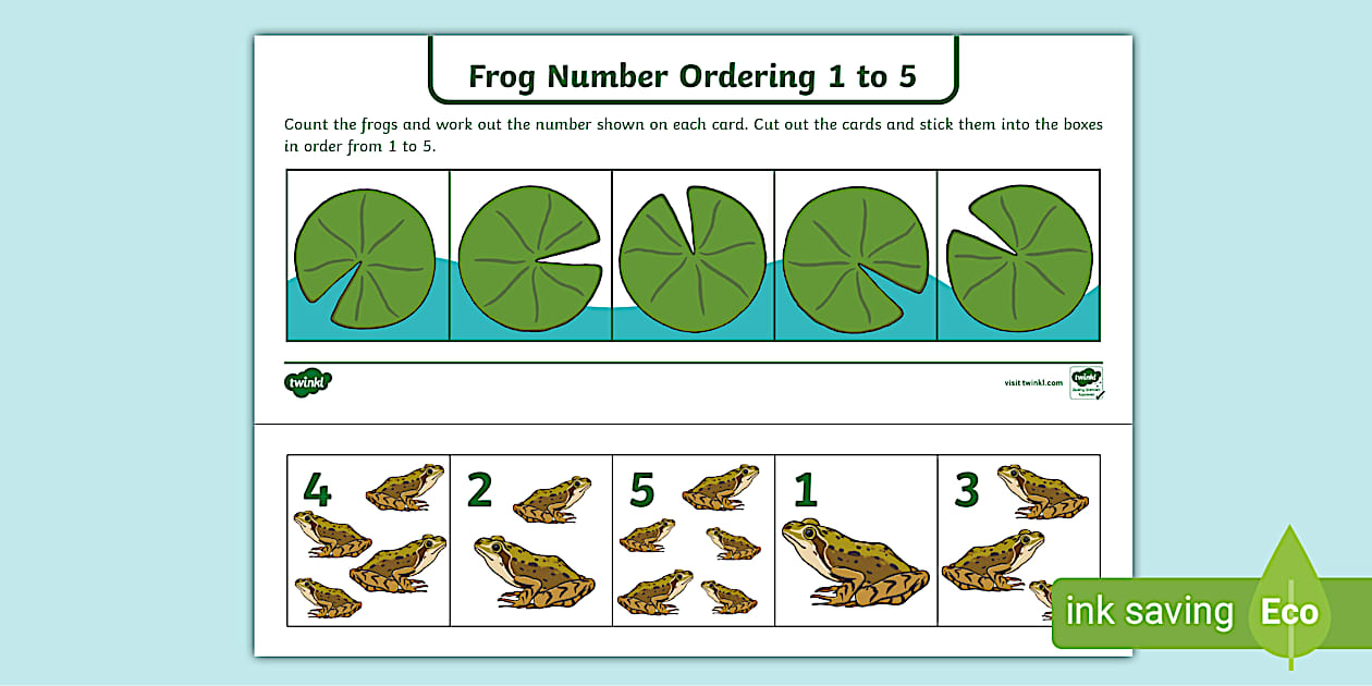 Frog Themed Cut and Stick Number Ordering 1 to 5 Activity Sheet