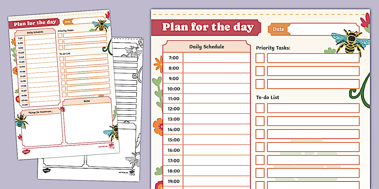 Bee-Themed Hourly Planner Worksheet (Teacher-Made) - Twinkl