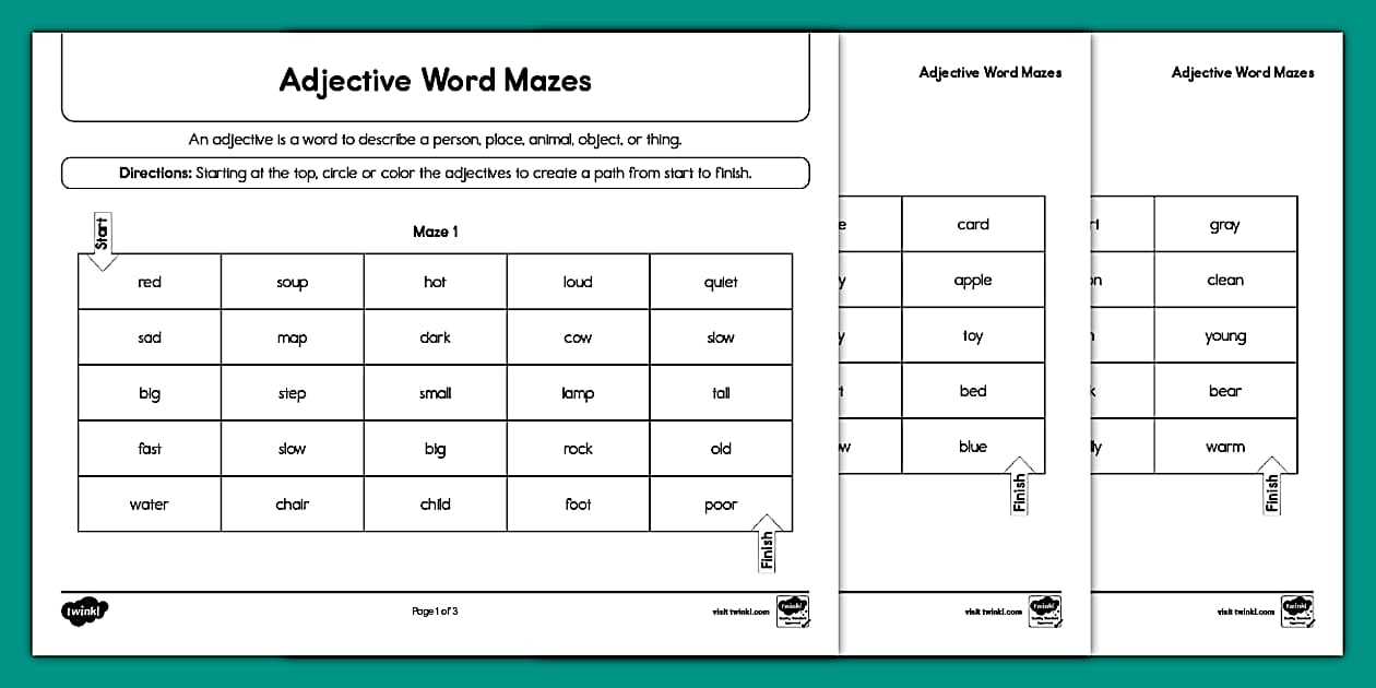 Adjective Word Mazes for 1st-2nd Grade (creat de profesori)