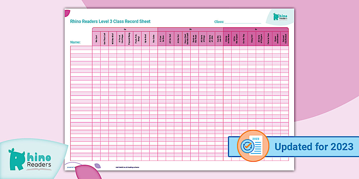 Rhino Readers Level 3 Class Record Sheet - Twinkl