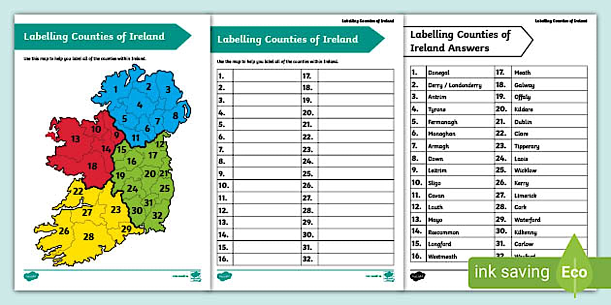 Labelling Counties of Ireland Activity- Irish Counties Map