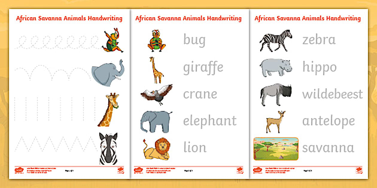 Precursive African Savanna Animals Handwriting Worksheets