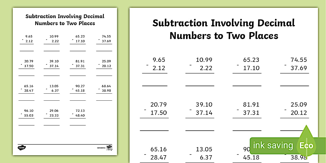 Subtraction of Whole Numbers and Decimals to Two Places Worksheet