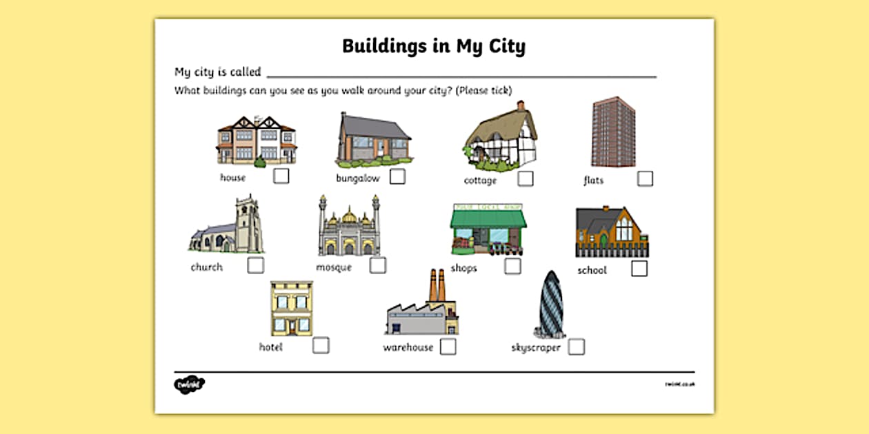 Buildings In My City Worksheet (teacher made) - Twinkl