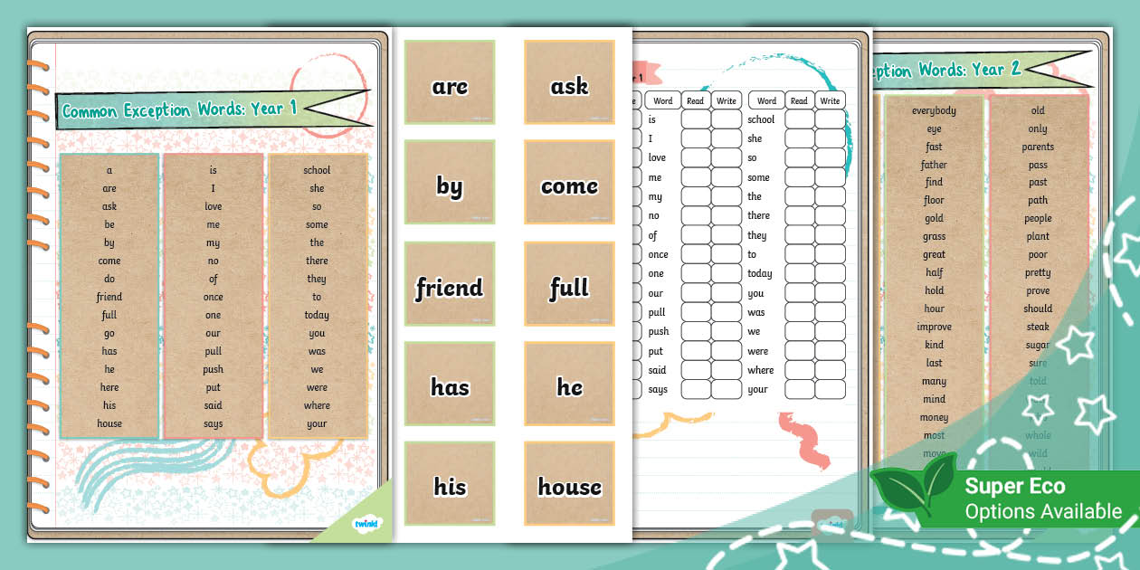 Common Exception Words Pack Year 1 and 2